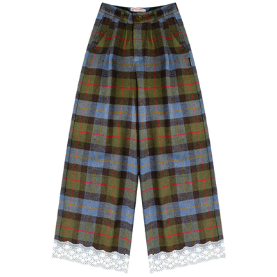 ziziFei秋冬美式复古高腰显瘦设计感蓝绿格子蕾丝拼接休闲长裤女