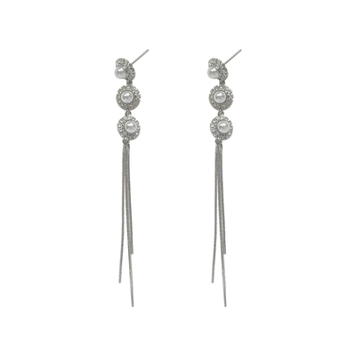 轻奢镶钻花朵珍珠流苏长款耳环