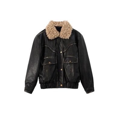 Vone SheeE 美式复古可拆卸毛领黑色辣妹皮衣夹棉加厚pu皮外套女