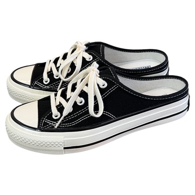 黑色低帮男女同款港风帆布半拖鞋