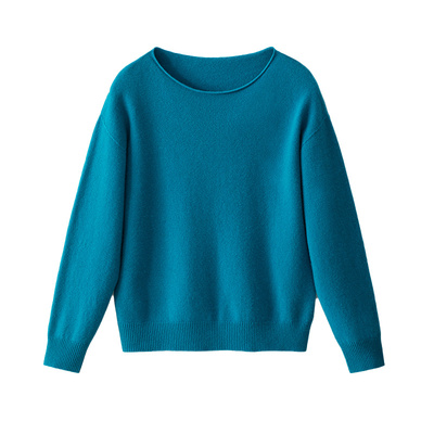 羊绒混纺套头卷边圆领保暖毛衣女