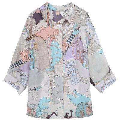 谜底衬衫七分袖女2025夏新品复古风通勤宽松H型中长衬衣252GC0647