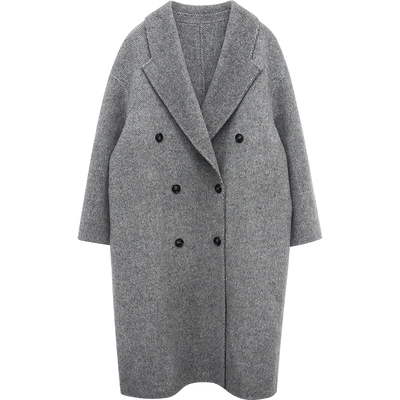高支澳毛！高级感麻灰色翻领双面呢子大衣外套女冬长款156小个子