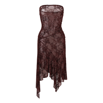 性感酒红色半透蕾丝抹胸连衣裙女