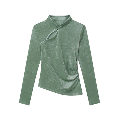 蓝点春夏立领斜襟丝绒打底衫