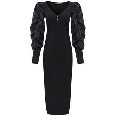 COMME MOI吕燕设计师早春女装针梭拼接V领紧身连衣裙