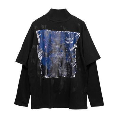 抽象印花半高领假两件拼接卫衣男