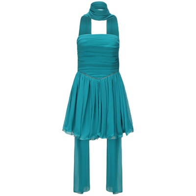 玫瑰纯色抽褶抹胸连衣裙