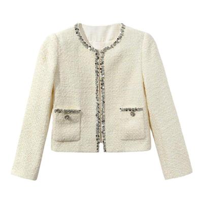 现货【宛若霜雪】重工手缝钉珠法式小香风圆领短款箱型粗花呢外套