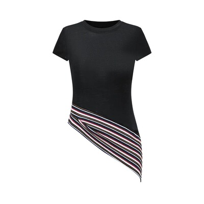 26春夏新款雾黑复古条纹斜摆T恤