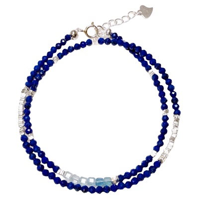 天然6A青金石海蓝宝小米珠珍珠925碎银双圈叠戴蓝色手链手串礼物