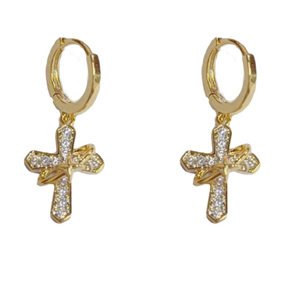 轻奢芒星十字架耳夹铜真金电镀