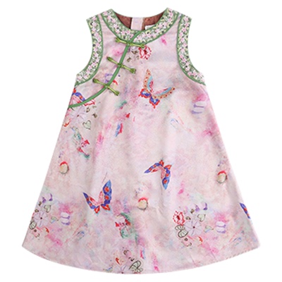 53880国风女童改良旗袍裙夏季新中式汉服唐装儿童无袖蝴蝶连衣裙