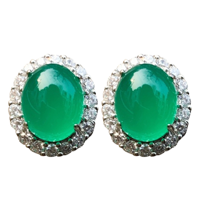 遗失绿洲/鸽蛋形绿玉髓起荧光s925银针耳钉 无耳洞耳夹国风翡翠色