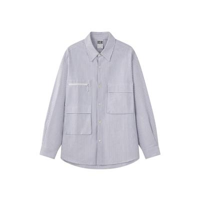 USHI悠时清新撞色条纹时尚贴袋设计外穿长袖衬衫廓版松弛挺括男装