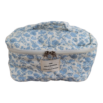 外单大容量小清新蓝花夹棉手提化妆包拉链包收纳包包