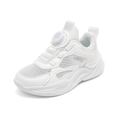 巴布豆儿童小白鞋2026春秋新款男女童白色网面透气校园运动鞋中大