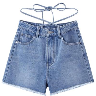 乐町2024夏季新款毛边脚口绑带牛仔短裤女C1HBE2424