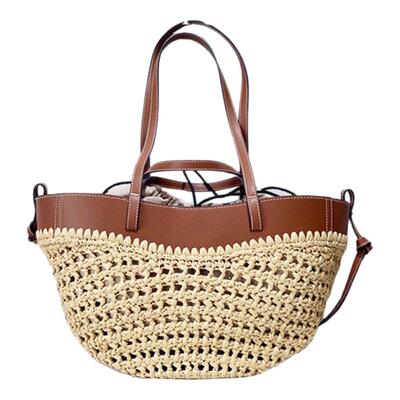 小众设计休闲草编托特包女新款干邑色拼接编织夏天海边度假手提包