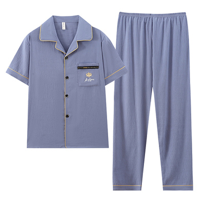 夏款男士睡衣三件套短袖长裤纯棉中老年人高级感家居服三合一套装