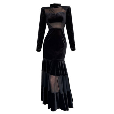 性感风鱼尾裙网纱拼接连衣裙秋冬