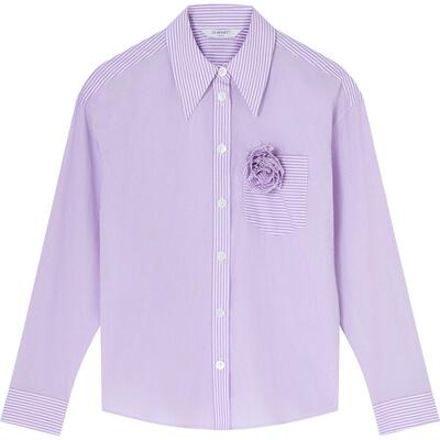 LK BENNETT紫色条纹纯棉衬衫女2025年春立体花朵贴袋设计感上衣