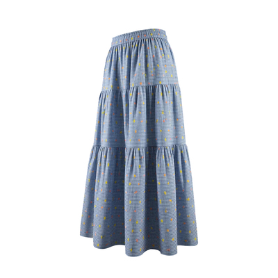 兮兮花颜半身裙女2026春夏新款高腰a字蓝色格子小众刺绣半身长裙