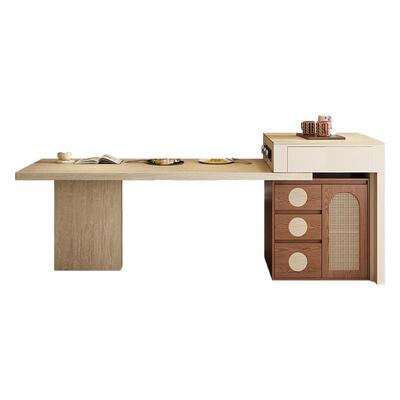 中古风洞石岩板可伸缩岛台餐桌一体实木多功能带储物小户型中倒台