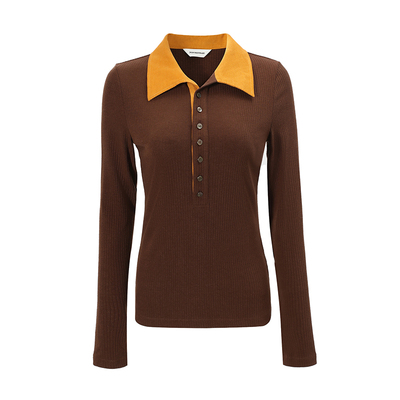 女士修身撞色POLO领针织长袖T恤