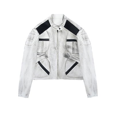 机能风做旧白皮衣街头机车夹克