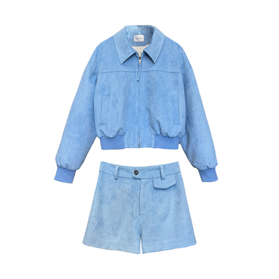 蓝色麂皮保暖棉服夹克短裤套装冬