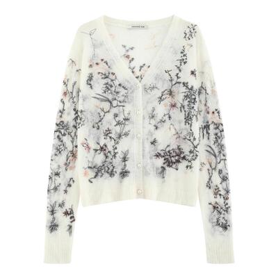 立体刺绣V领毛针织开衫