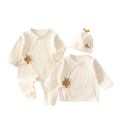 3件 新生婴儿衣服春秋纯棉连体衣0-6月宝宝52码半背衣a类胎帽套装