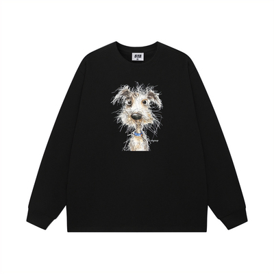 STA旗舰店美式潮牌潦草小狗印花长袖男女复古高街纯棉黑色卫衣