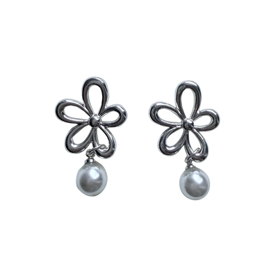 Starryee灰色金属花朵珍珠耳钉女