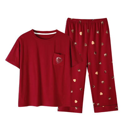 睡衣女款带胸垫夏季七分裤纯棉薄款短袖大码本名年红色家居服套装