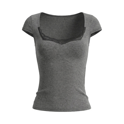 PynkiSwear 纯色U领针织T恤花瓣领拼蕾丝短袖女正肩弹力修身上衣