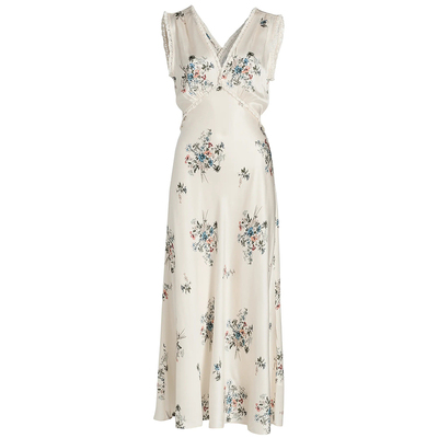 沃格DN春夏新品浪漫花束印花蕾丝V领系带A字长款素绉缎真丝连衣裙