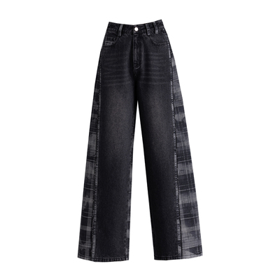 格子拼接牛仔裤女春秋直筒阔腿裤