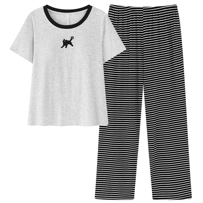 2026新款条纹莫代尔睡衣女夏季短袖薄款凉感带胸垫家居服套装夏天