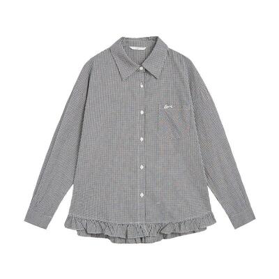 紫涵黑白格纹长袖衬衫女秋季新款日系休闲通勤下摆花边宽松衬衣
