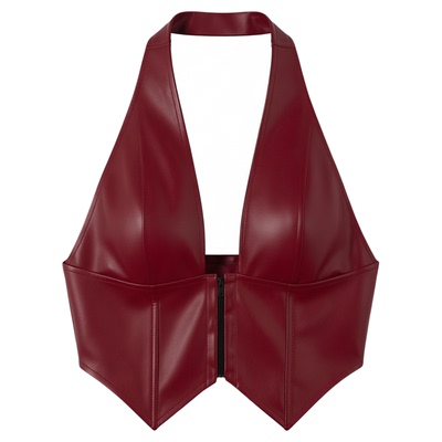 性感PU皮挂脖收腰上衣