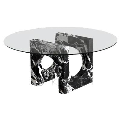 Reverso现代设计师款圆形天然宝格丽黑大理石奢石茶几玻璃咖啡桌
