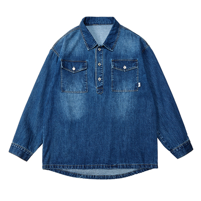 韦恩泽维尔方领长袖休闲牛仔衬衫