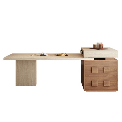 中古风洞石岩板岛台餐桌一体家用可伸缩复古倒台厨房高级感导台