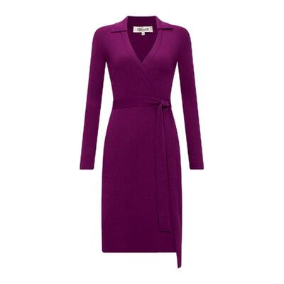 DVF毛衣裙紫罗兰短款裹身连衣裙