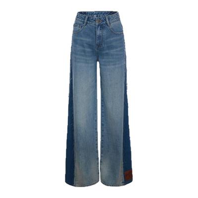 ROCHAROMMA 2025秋季新款撞色拼接牛仔裤女时尚百搭直筒牛仔长裤