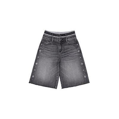 Effet de Soleil双腰蕾丝边做旧牛仔中裤宽松直筒短裤女新品26夏
