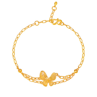 明牌珠宝古法黄金比翼花蝶手链t足金蝴蝶素链吉祥灵动手饰AFK0350