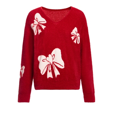 FIVE PLUS仿貂绒毛衣女针织衫蝴蝶结V领软糯风上衣女冬装